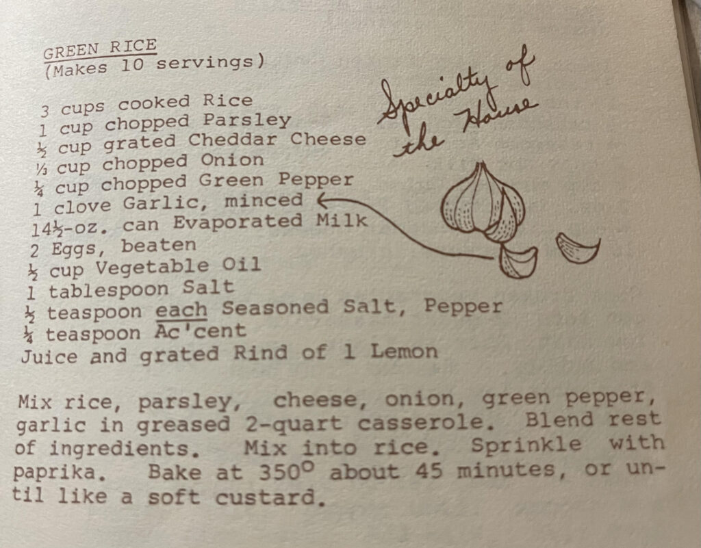 Green Rice from Stephenson's Apple Farm Restaurant Receipts