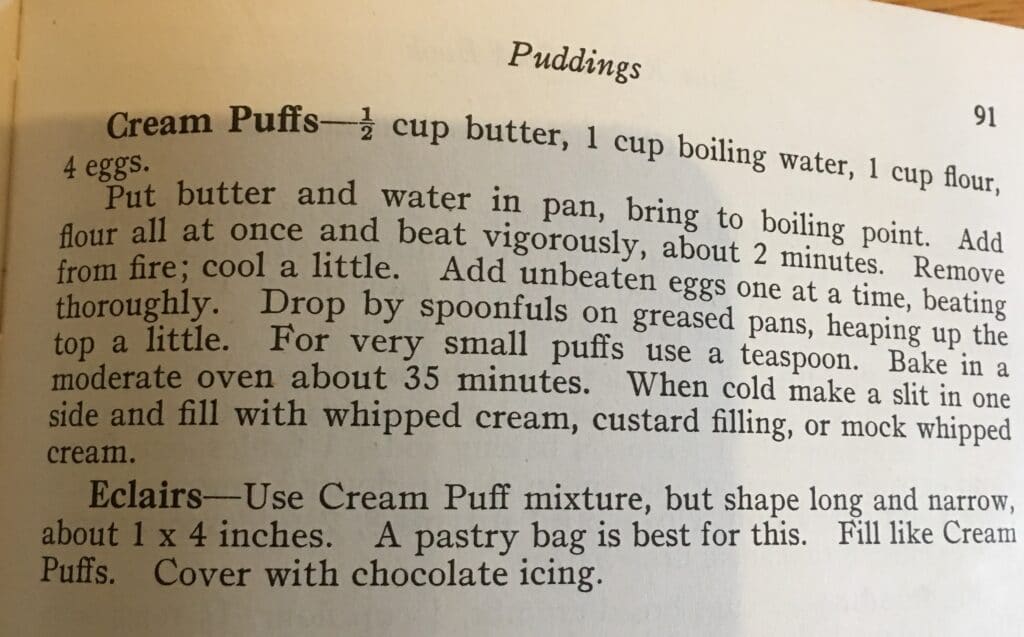 Cream Puff Recipe from Blue Ribbon and Pure Gold Cook Book, 1905